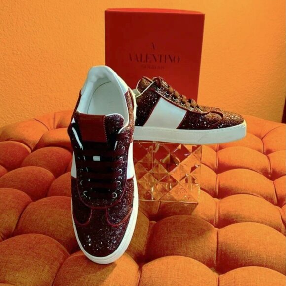 Valentino | Shoes | Valentino Fly Crew Glitter Sneakers Red Burgundy ...